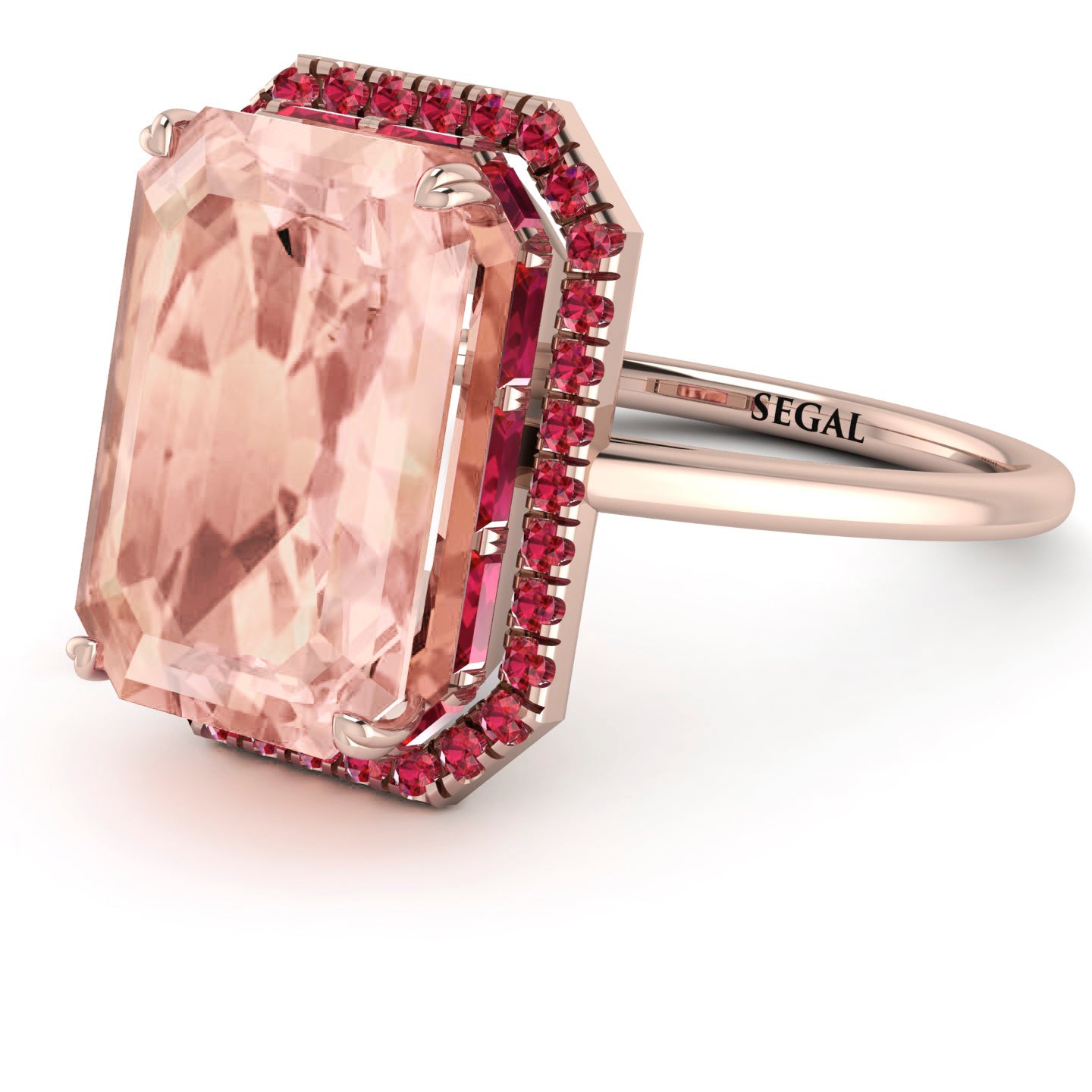 Halo Emerald Cut Morganite Ring With Hidden Ruby - Rowan No. 911 ...